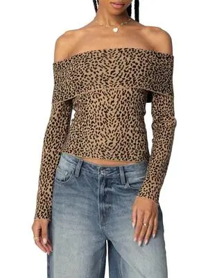 EDIKTED Printed Fold Over Knit Top - Leopard