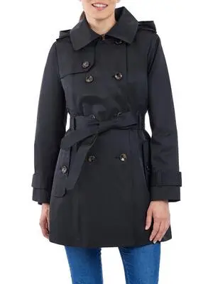 London Fog Hooded Double Breasted Trench Coat - Black