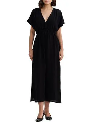 REISTOR V-neck Gathered Maxi Dress - Black