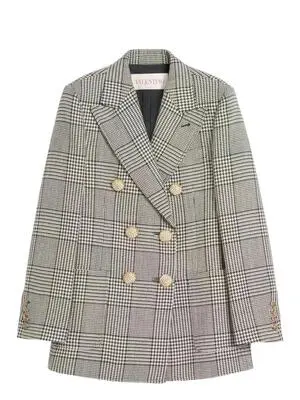 Valentino Garavani Houndstooth Virgin Wool Double-breasted Blazer - Black