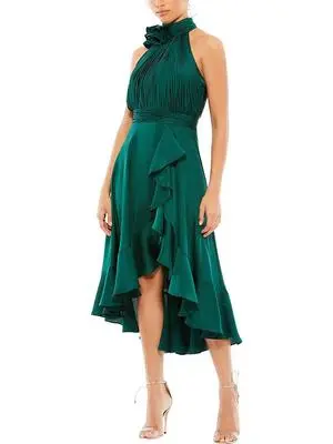 Mac Duggal Halter Neck Flower Detail Ruffled Midi Dress - Emerald