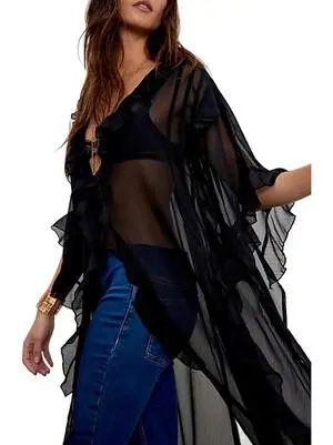 Free People Ruffled Longline Kimono - Black