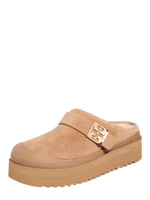 Tory Burch Mellow Shearling Platform Mules - Light Chestnut/gold
