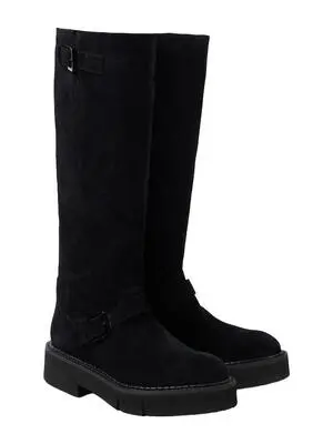 Clergerie Knee-high Suede Boots With Buckle Detail - Black