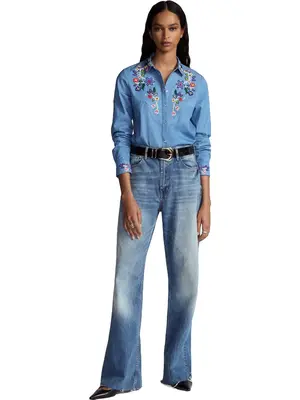 Lela Rose Floral Seed Bead Ranch Shirt - Blue
