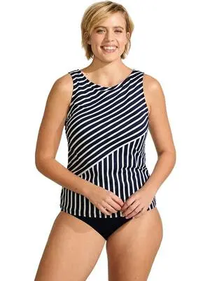 LANDS' END High Neck Upf 50 Tankini Swimsuit Top - Deep Sea Mixed Diagonal Stripe