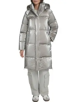 LEVI'S Levi's Water-Resistant Mid-Length Hooded Puffer Jacket Silver