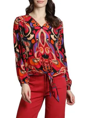 APNY Print Tie Front Top - Red Multi