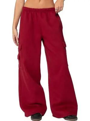 EDIKTED Wide Leg Cargo Sweatpants - Burgundy