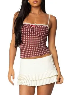 EDIKTED Check Mesh Camisole - Burgundy