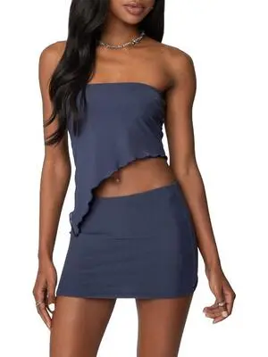 EDIKTED Vivi Strapless Asymmetric Mesh Top - Blue