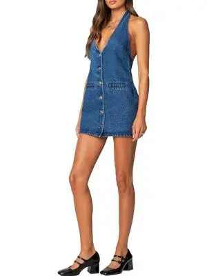 EDIKTED Destinee Denim Halter Mini Dress - Blue-washed