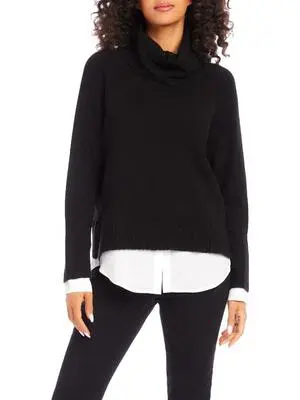 Karen Kane Mixed Media Layered Turtleneck Sweater - Black