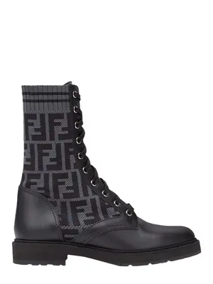 Fendi Ff Rockoko Lace Up Biker Boots - Black