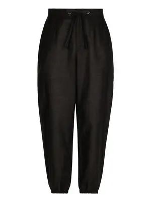Dolce & Gabbana Linen And Cotton Jogging Pants With Logo Label - Black