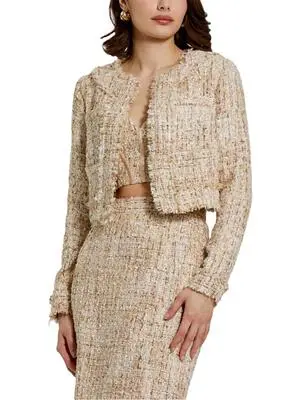Mac Duggal Long Sleeve Cropped Boucle Jacket - Blush