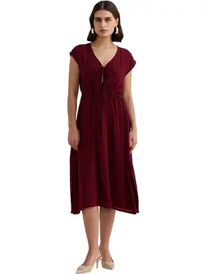 REISTOR Deep V-neck Gathered Dress - Burgundy / Red