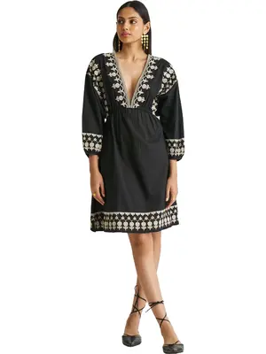 REISTOR Deep V Embroidered Dress - Black