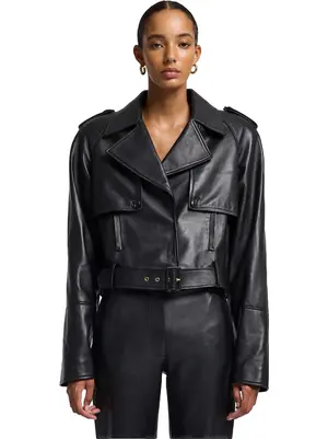 7 For All Mankind Italian Leather Cropped Moto Jacket - Black