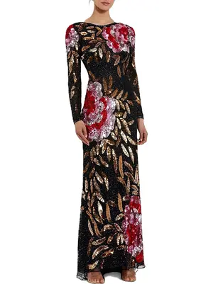 Mac Duggal Embellished Floral Sequin Long Sleeve Gown - Black Multi