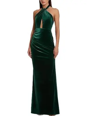 Mac Duggal Twist Neck Velvet Draped Gown - Emerald