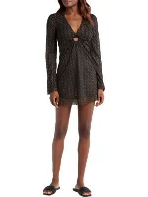 Ramy Brook Cassie Zigzag Long Sleeve Knit Cover-up Dress - Black/gold Zig Zag