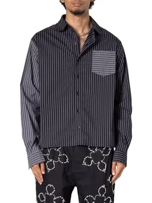 Mnml Oversize Mismatched Pinstripe Button-up Shirt Jacket Black