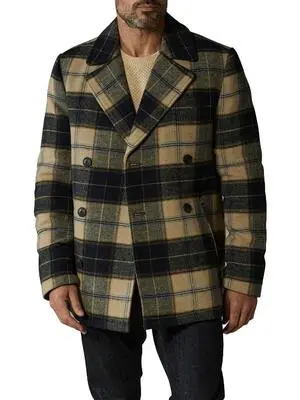 THE NORMAL BRAND The Normal Brand Lan Windowpane Plaid Pea Coat Navy Windowpane Plaid