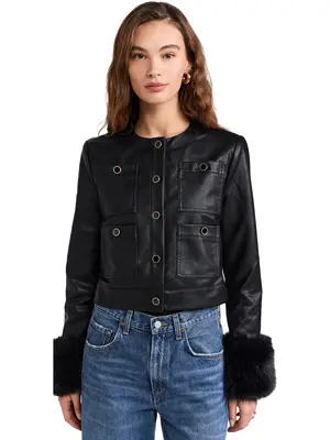 WAYF WAYF Boxy Faux Leather Jacket With Faux Fur Cuffs