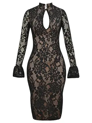 House Of Cb Stretch-lace Midi Dress With Keyhole Neck - Black