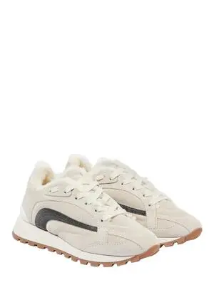 Brunello Cucinelli Monili Shearling-trimmed Suede Sneakers - Grey
