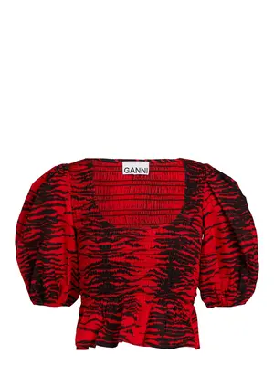 GANNI Tiger-print Cotton-poplin Peplum Top - Red