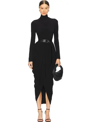 Norma Kamali Long Sleeve Turtleneck Waterfall Dress - Black