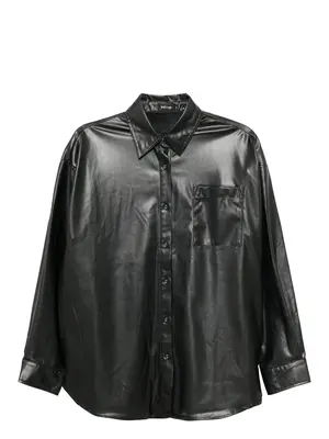 TOUT A COUP Faux Leather Long Sleeve Shirt - Black