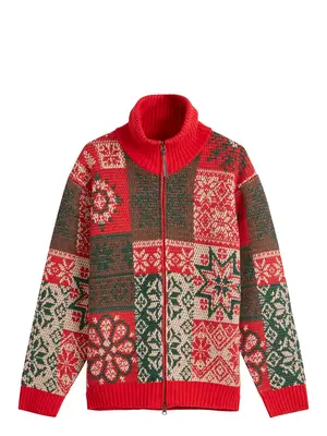 BEAMS Jacquard Patchwork Zip Cardigan - Red