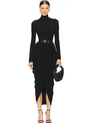 Norma Kamali Long Sleeve Turtleneck Waterfall Dress - Black