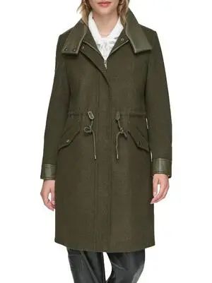 Andrew Marc Wool-blend Coat With Faux-leather Trim - Artichoke