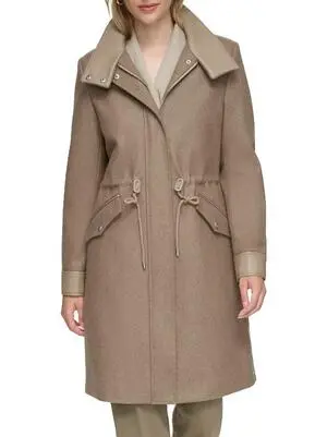 Andrew Marc Wool-blend Coat With Faux-leather Trim - Mushroom