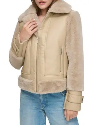 Andrew Marc Faux Fur Trim Faux Leather Aviator Jacket - Oat