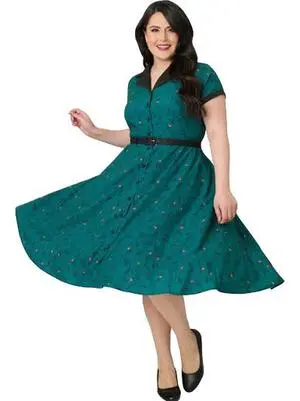 Unique Vintage Collared Alexis Swing Dress - Teal Raccoon Print
