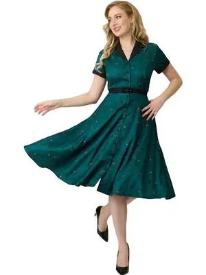 Unique Vintage Collared Alexis Swing Dress - Teal Raccoon Print
