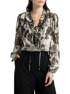 Kobi Halperin Boden Metallic Floral Tie Neck Top - Graphite M