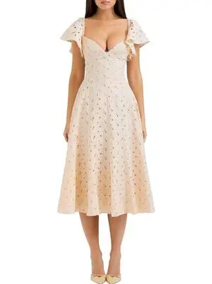 House Of Cb Amaya Flutter Sleeve Lace Midi Dress - Ecru