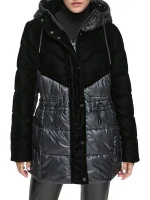 Andrew Marc Andrew Marc Velvet Panel Hooded Puffer Jacket Black