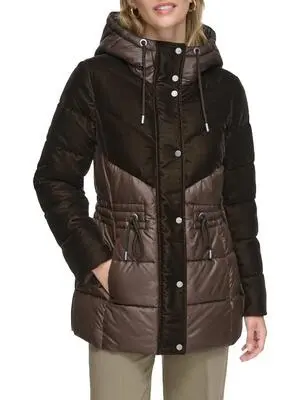 Andrew Marc Andrew Marc Velvet Panel Hooded Puffer Jacket Chocolate