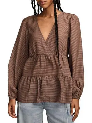 Lucky Brand Stripe Surplice Neck Tiered Top - Deep Taupe