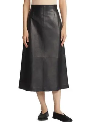 Lafayette 148 New York High Waist A-line Leather Midi Skirt - Black