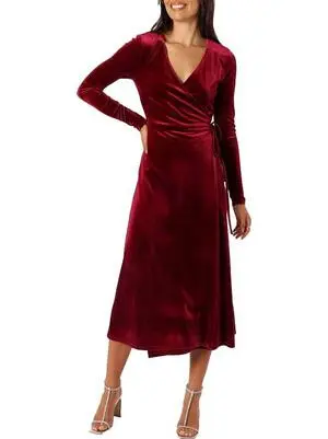 PETAL & PUP Darby Velvet Midi Wrap Dress - Burgundy