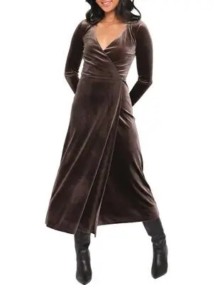 PETAL & PUP Darby Velvet Midi Wrap Dress - Dark Brown