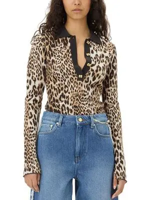 GANNI Print Merino Wool Polo - Leopard